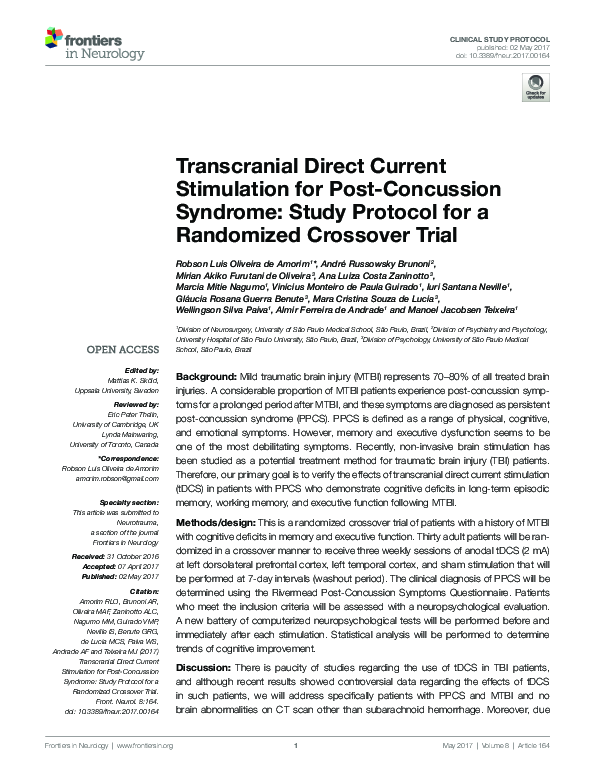 (PDF) Transcranial Direct Current Stimulation for Post-Concussion ...