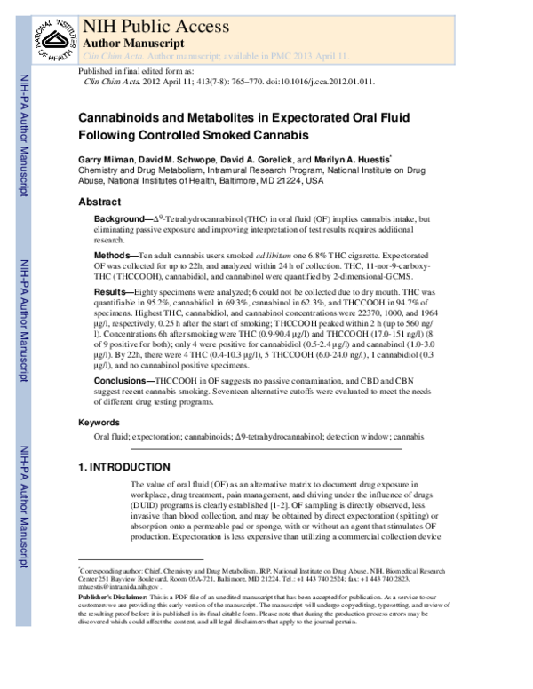 (PDF) Cannabinoids and metabolites in expectorated oral fluid following ...