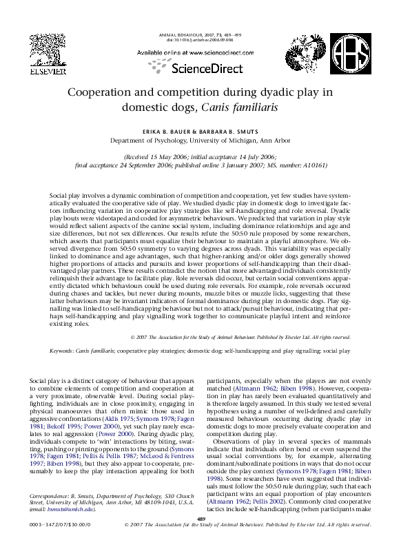 (PDF) Cooperation and competition during dyadic play in domestic dogs ...