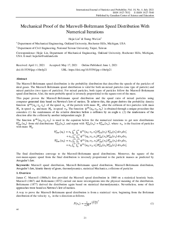 (PDF) Mechanical Proof of the Maxwell-Boltzmann Speed Distribution With ...