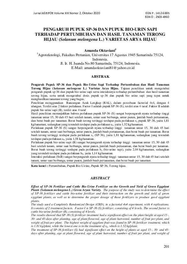 (PDF) PENGARUH PUPUK SP-36 DAN PUPUK BIO-URIN SAPI TERHADAP PERTUMBUHAN ...