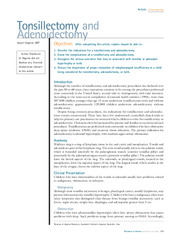 (PDF) Tonsillectomy and Adenoidectomy