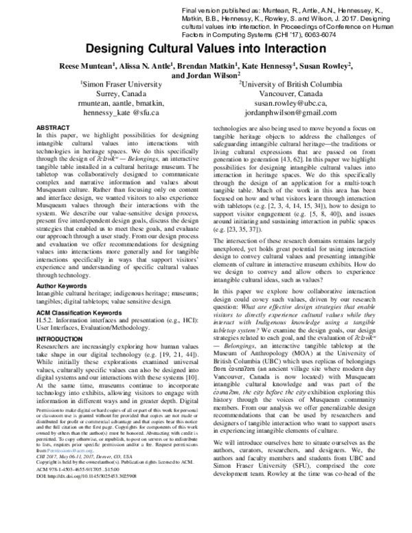 (PDF) Designing Cultural Values into Interaction