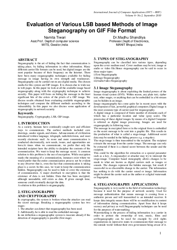(PDF) Evaluation of Various LSB based Methods of Image Steganography on GIF File Format