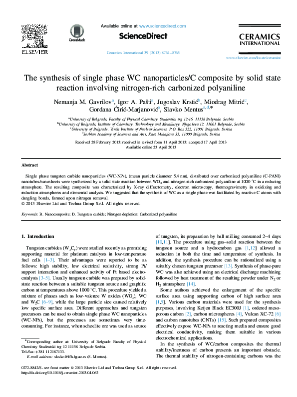 (PDF) The synthesis of single phase WC nanoparticles/C composite by ...