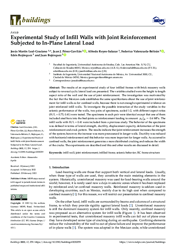 (PDF) Experimental Study of Infill Walls with Joint Reinforcement ...