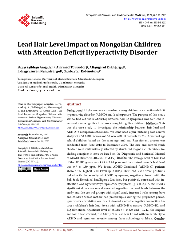 (PDF) Lead Hair Level Impact on Mongolian Children with Attention ... (PDF) Lead Hair Level Impact on Mongolian Children with Attention ...