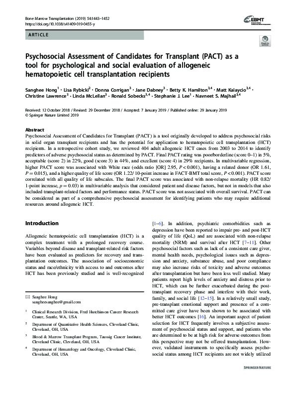 (PDF) Psychosocial Assessment of Candidates for Transplant (PACT) as a ...