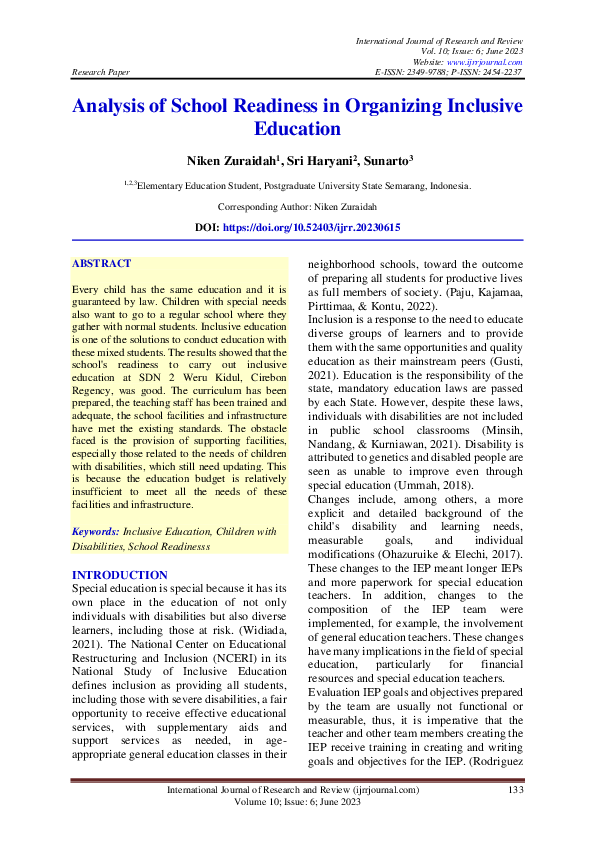 (PDF) Analysis of School Readiness in Organizing Inclusive Education