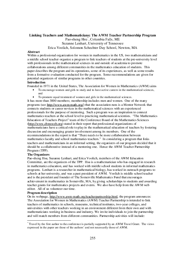 (PDF) Linking Teachers and Mathematicians: The AWM Teacher Partnership Program