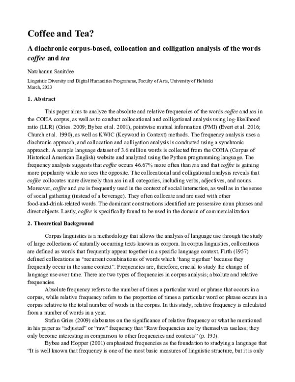 (PDF) Coffee and Tea? A diachronic corpus-based, collocation and ...