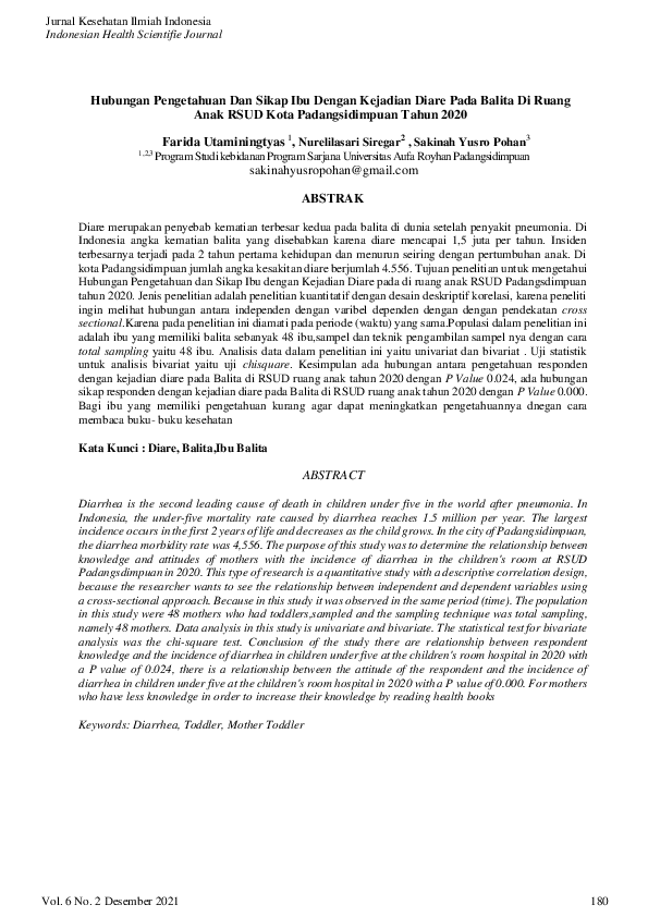 (PDF) Hubungan Pengetahuan Dan Sikap Ibu Dengan Kejadian Diare Pada Balita Di Ruang Anak RSUD ...