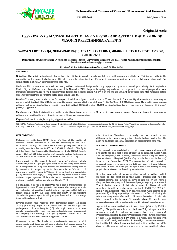 (PDF) DIFFERENCES OF MAGNESIUM SERUM LEVELS BEFORE AND AFTER THE ...