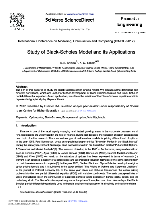 (PDF) Study of Black-Scholes Model and its Applications | Kalyanrao ...