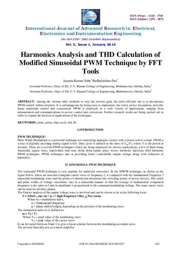 (PDF) Harmonics Analysis and THD Calculation of Modified Sinusoidal PWM Technique by FFT Tools