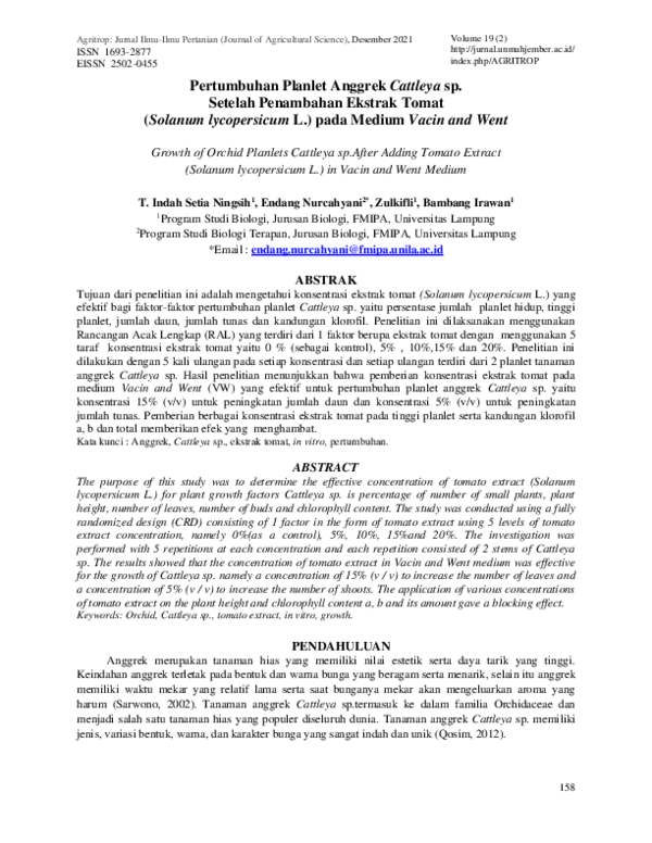 (PDF) Pertumbuhan Planlet Anggrek Cattleya sp. Setelah Penambahan ...