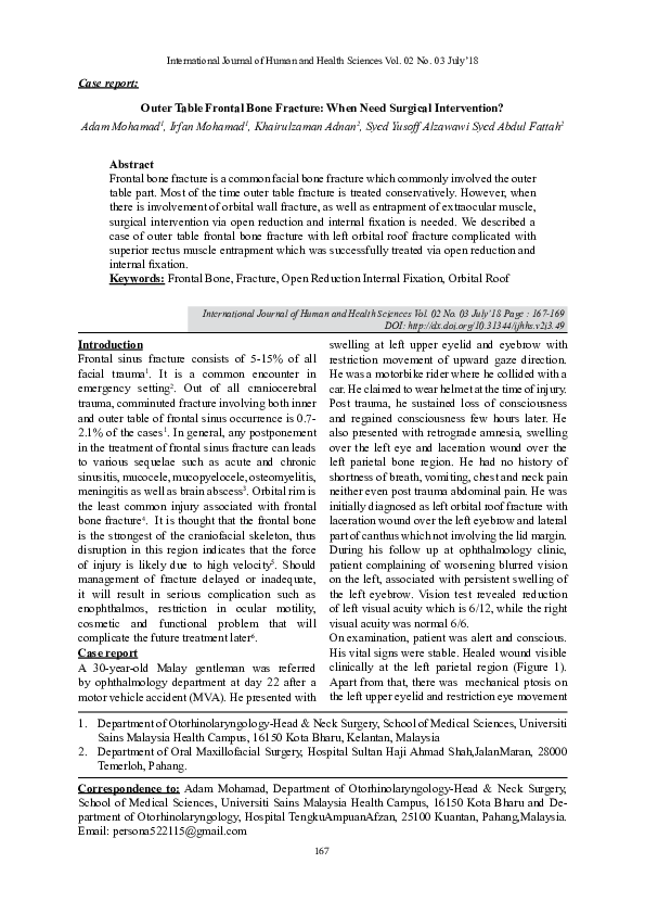 (PDF) Outer Table Frontal Bone Fracture: When Need Surgical ...