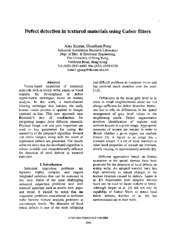 (PDF) Defect detection in textured materials using Gabor filters