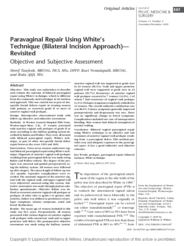 (PDF) Paravaginal Repair Using White??s Technique (Bilateral Incision ...