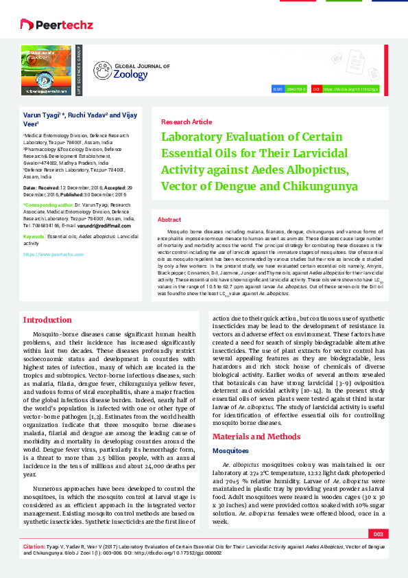 (PDF) Laboratory Evaluation of Certain Essential Oils for Their ...