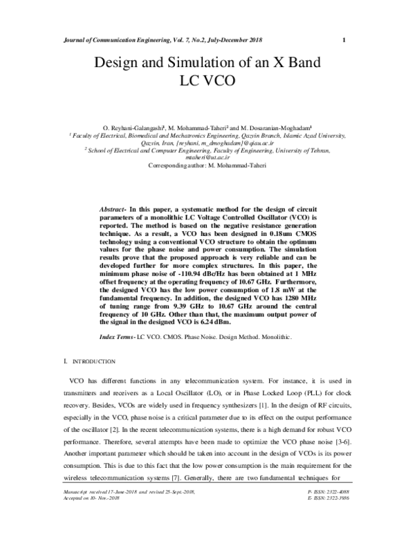 (PDF) Design and Simulation of an X Band LC VCO