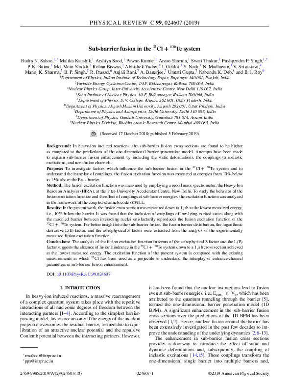 (PDF) Sub-barrier fusion in the Cl37+Te130 system