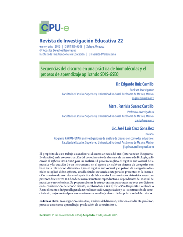 (PDF) Secuencias del discurso en una práctica de biomoléculas y el proceso de aprendizaje ...