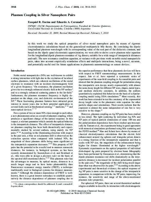 (PDF) Plasmon Coupling in Silver Nanosphere Pairs