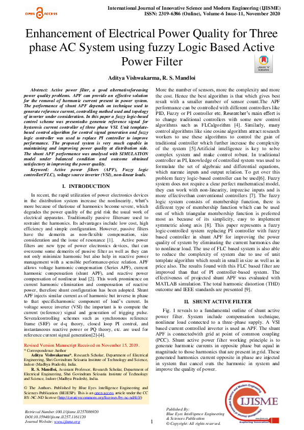 Pdf Enhancement Of Electrical Power Quality For Three Phase Ac System Using Fuzzy Logic Based