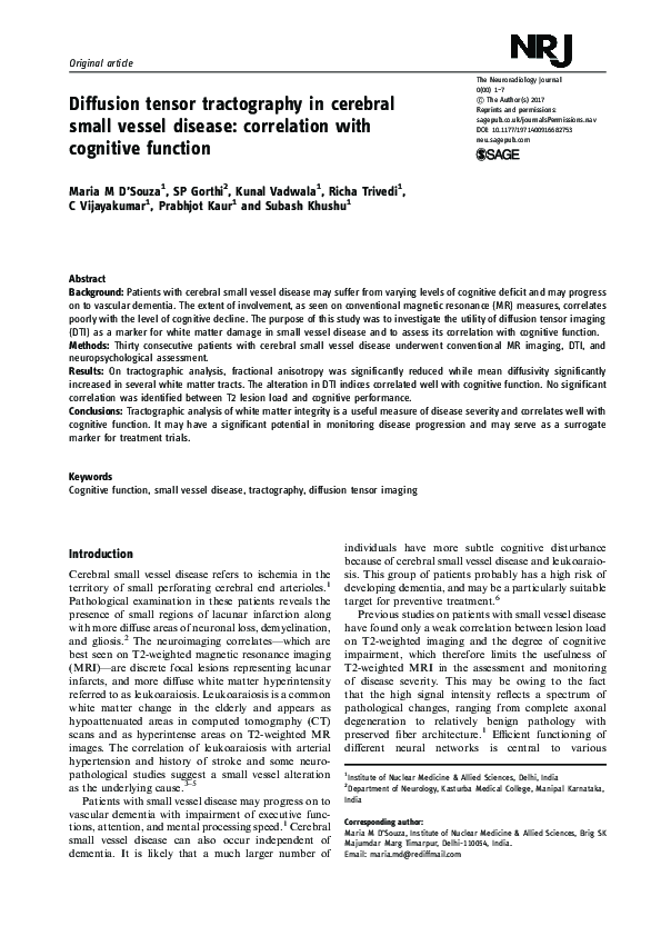 (PDF) Diffusion tensor tractography in cerebral small vessel disease: correlation with cognitive ...