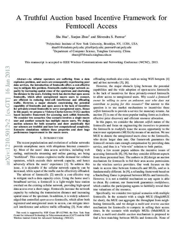 (PDF) A truthful auction based incentive framework for femtocell access