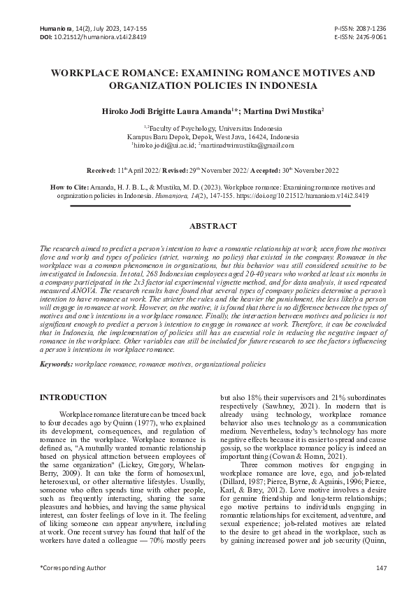 (PDF) Workplace Romance: Examining Romance Motives and Organization ...