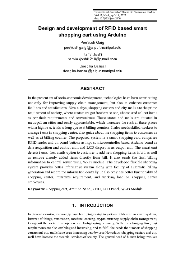 Pdf Design And Development Of Rfid Based Smart Shopping Cart Using Arduino