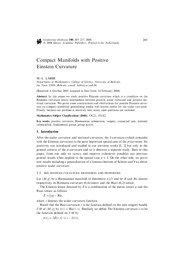 (PDF) Compact Manifolds with Positive Einstein Curvature | M. L. Labbi - Academia.edu