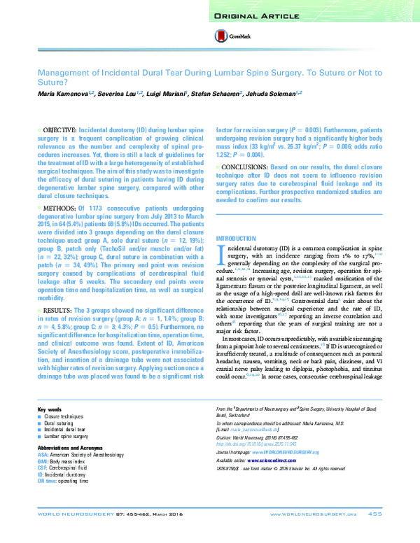 (PDF) Management of Incidental Dural Tear during Lumbar Spine Surgery ...