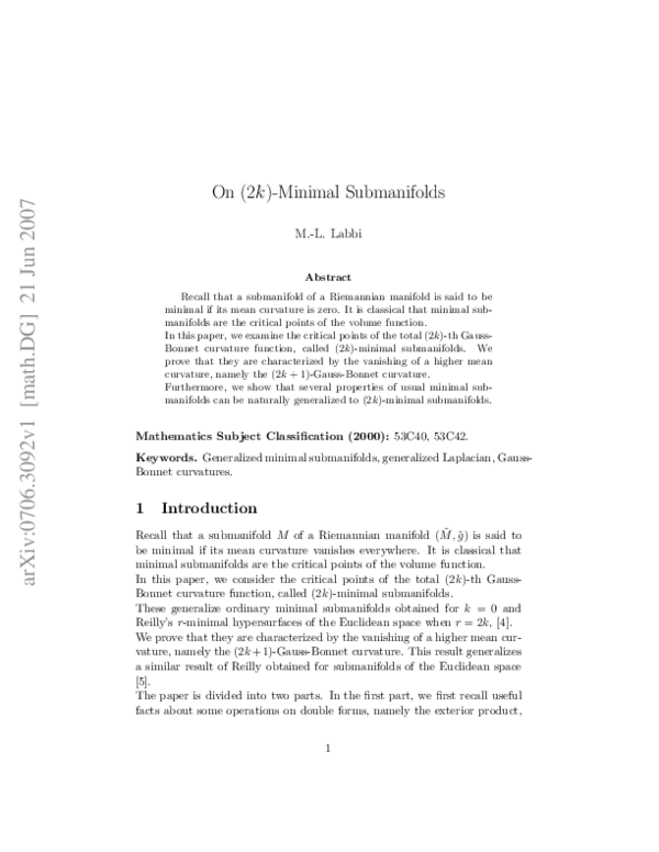 (PDF) On (2k)-Minimal Submanifolds
