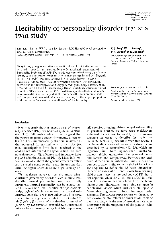 (PDF) Heritability of personality disorder traits: a twin study ...