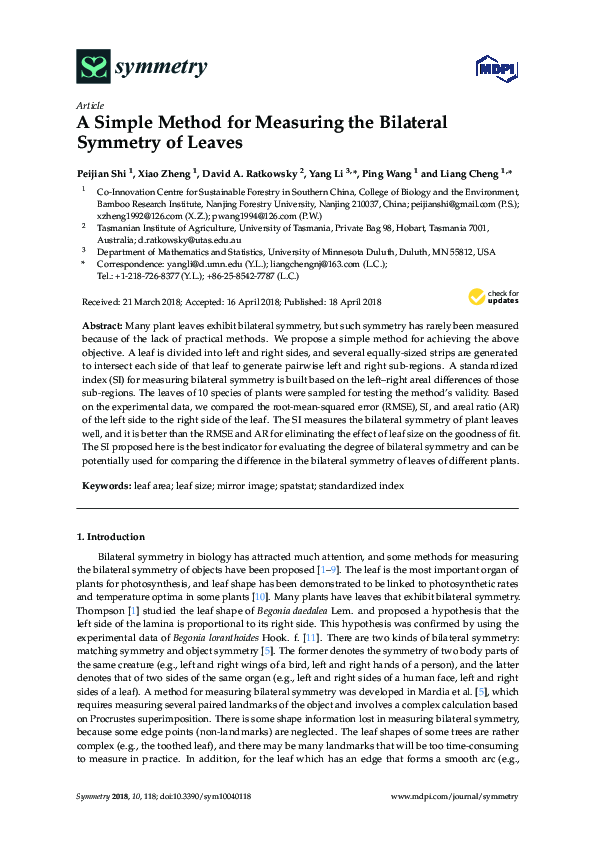 (PDF) A Simple Method for Measuring the Bilateral Symmetry of Leaves