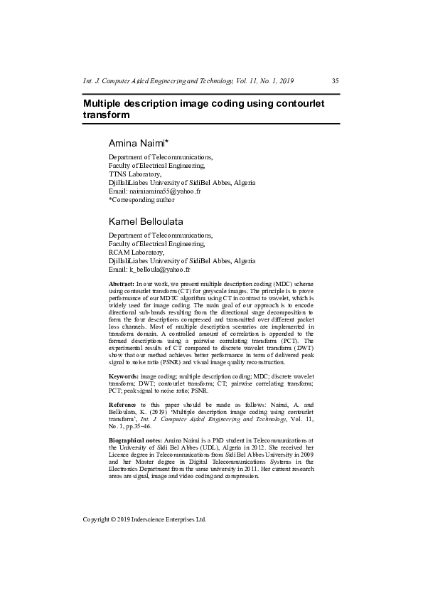Pdf Multiple Description Image Coding Using Contourlet Transform Kamel Belloulata