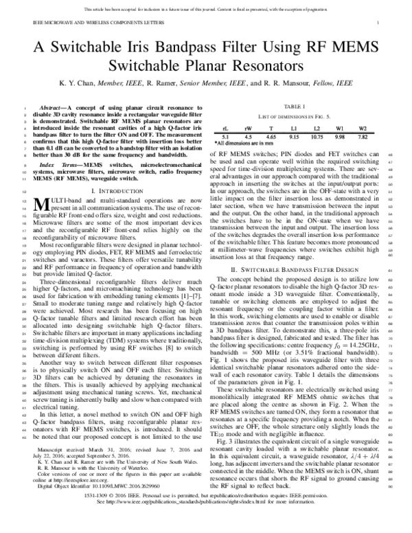 (PDF) A Switchable Iris Bandpass Filter Using RF MEMS Switchable Planar Resonators