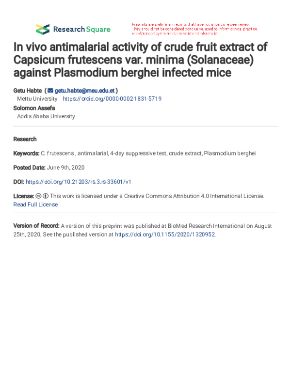 (PDF) In vivo antimalarial activity of crude fruit extract of Capsicum ...