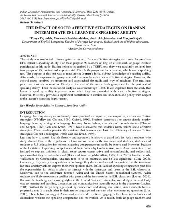 Pdf The Impact Of Socio Affective Strategies On Iranian Intermediate Efl Learners Speaking