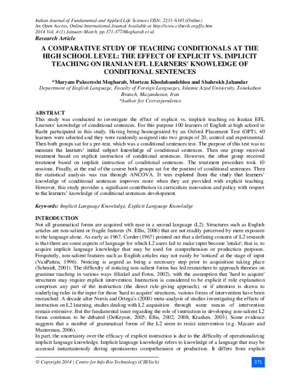 (PDF) A Comparative Study of Teaching Conditionals at the High School Level: The Effect of ...