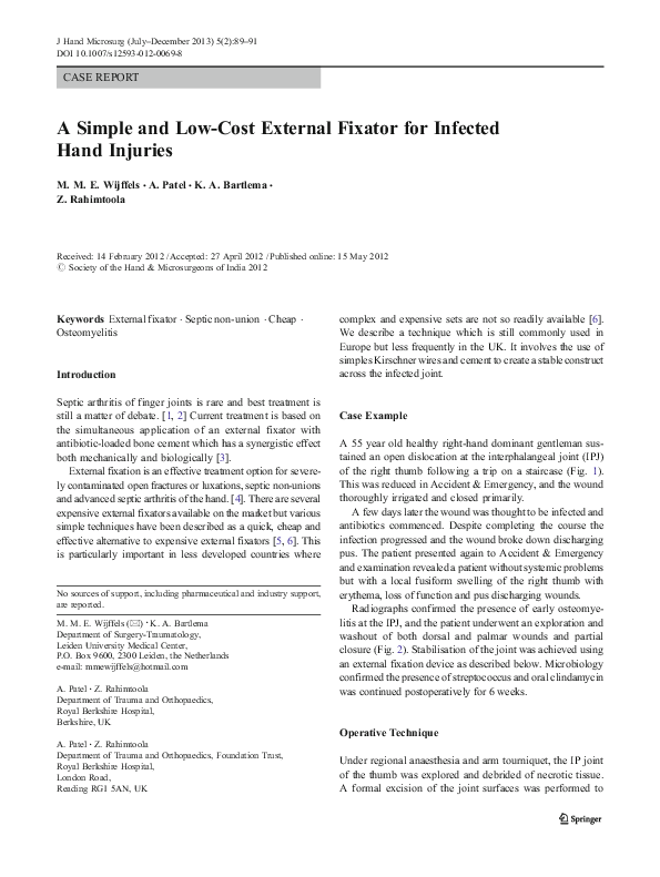 (PDF) A simple and low-cost external fixator for infected hand injuries