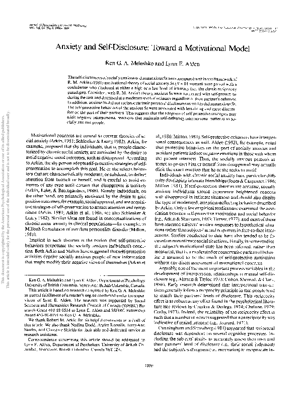 (PDF) Anxiety and self-disclosure: Toward a motivational model