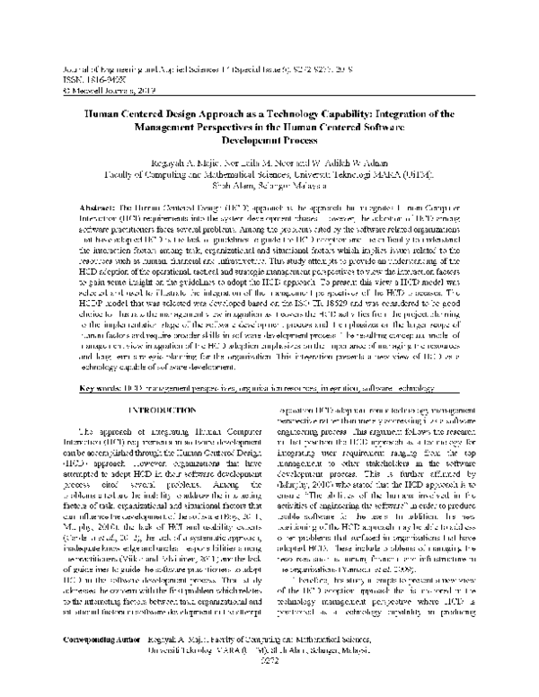 (PDF) Human Centered Design Approach as a Technology Capability: Integration of the Management ...