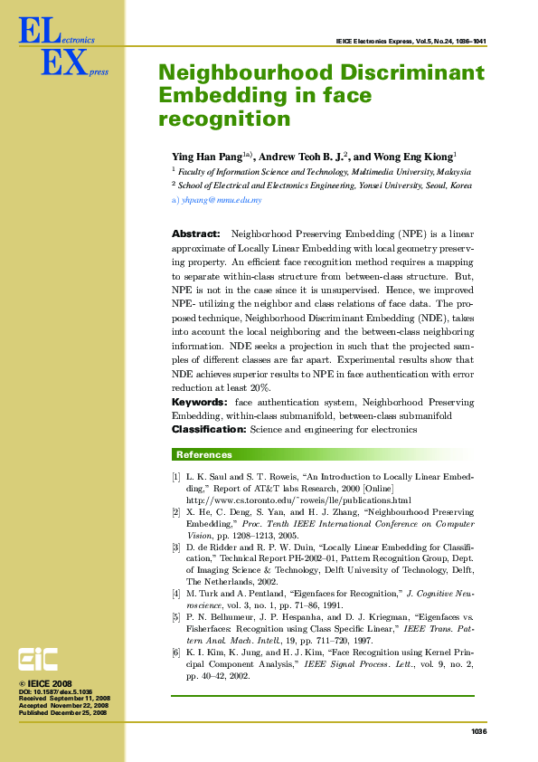 Pdf Neighbourhood Discriminant Embedding In Face Recognition