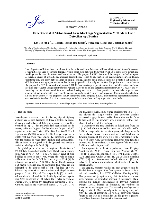 (PDF) Experimental of Vision-based Lane Markings Segmentation Methods in Lane Detection Application