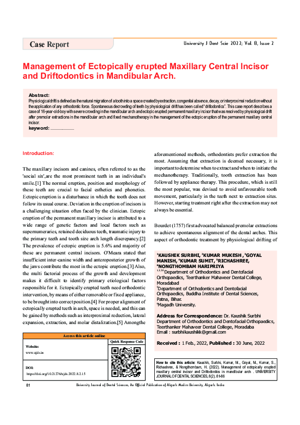 (PDF) Management of ectopically erupted maxillary central incisor and ...