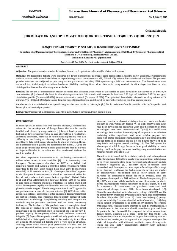Pdf Formulation And Optimization Of Orodispersible Tablets Of Ibuprofen Original Article